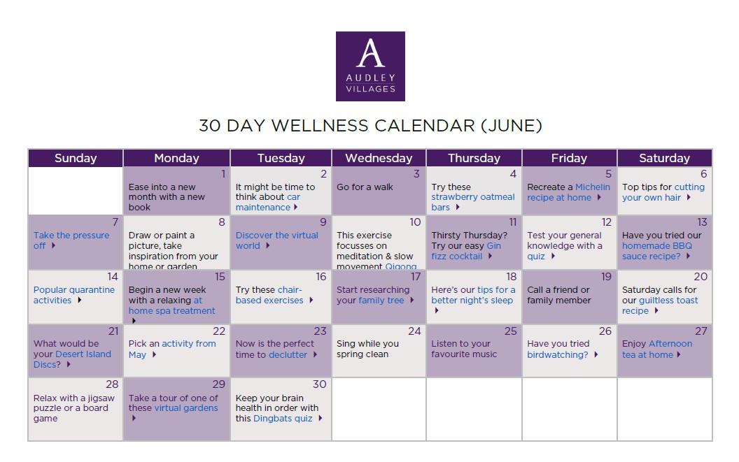 30 day wellness calendar - June | Audley Villages